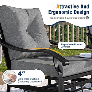 VONZOY 3 Piece Outdoor Swivel Chair, Patio Furniture Metal Rocker Bistro Set with Rocking Chair, Thick Cushions and Table for Porch Garden Balcony（Grey）