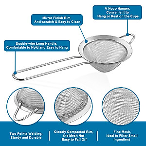 Fine Mesh Strainer Set of 2, P&P CHEF 3.3” Stainless Steel Conical Sieve Tea Strainer with Long Handle for Kitchen, Filtering Tea, Coffee, Cocktail, Juice, Healthy & Dishwasher Safe, (Silver)