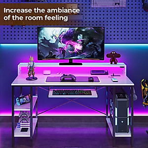 Rolanstar Computer Desk 47 inch with LED Lights & Power Outlets, Gaming Desk with Storage Shelves, Home Office Desk with Keyboard Tray, Writing Desk with Monitor Stand, Study Desk, White