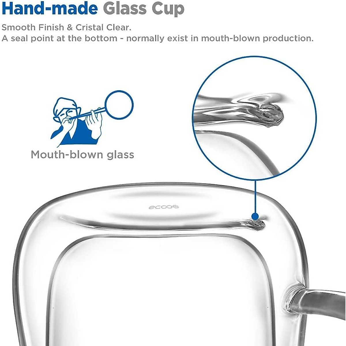 ecooe Espresso Cups 4 Oz Double Walled Glasses Coffee Mugs Set of 2, Clear Glass Coffee Cups with Handle, Insulated Coffee Mug Borosilicate Heat Resistant Double Wall Glass Espresso Coffee Cups