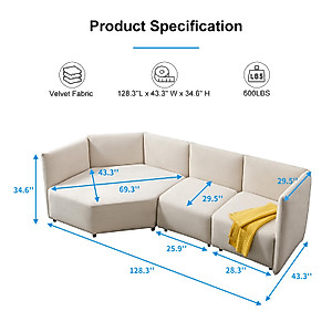 PUREMIND Velvet Curved Sectional Sofa for Livring Room,128" Large Modern Sectional Couch w Chaise,Modular Sofa w Adjustable Armrest and Backrest, Curved Sofa Couch for Living Room, Beige