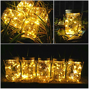 SunKite Solar Mason Jar Lid Lights [Updated], 6 Pack 15 LED Waterproof Fairy Firefly Jar String Lights with Hangers (NO Jars), Patio Yard Garden Wedding Easter Decoration - Warm White
