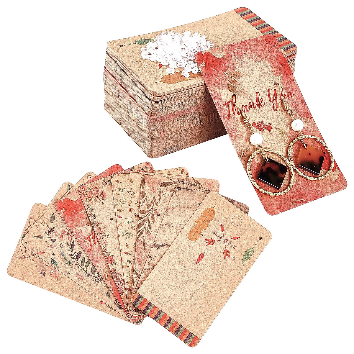 PH PandaHall 126pcs Vintage Earring Display Cards 9 Styles Rectangle Earring Cards Earring holder Cards with 200pcs Plastic Ear Nut for DIY Selling Small Business Earring Package Display, 3.5×2”