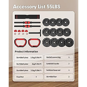 Trakmaxi Adjustable Dumbbell Set 20LB/55LB/70LBS Free Weights Dumbbells, 4 in 1 Weight Set, Dumbbell, Barbell, Kettlebell, Push-up, Home Gym Fitness Workout Equipment for Men Women(55LBS)