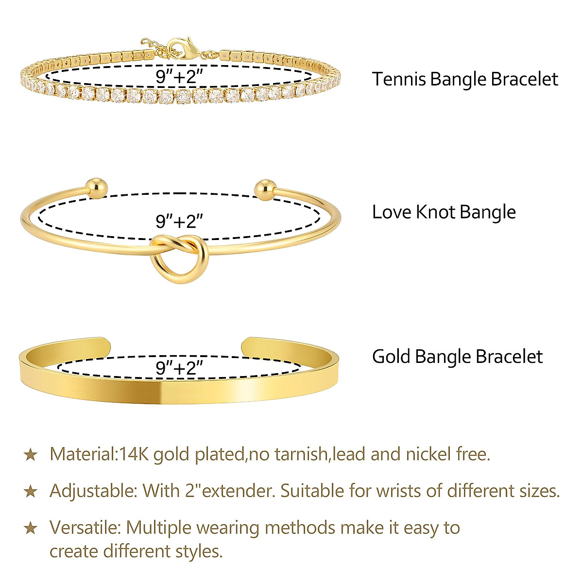 Zalcon Gold Knot Bangle Cuff Bracelet Set for Women Trendy 2024 Stack Gold Tennis Bracelets Jewelry for Women Non Tarnish