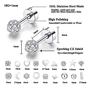 Vegolita 18Pairs 20G 18G Stainless Steel Tiny Stud Earrings for Women Cartilage Helix Earrings Ball Star CZ Earrings