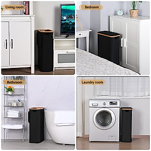 iEGrow 60L Slim Laundry Hamper with Lid,Black Hampers for Laundry,Narrow Laundry Basket with Removable Inner Bag & Bamboo Handles,Tall Thin Clothes Hamper for Clothes Toys Towels Organization