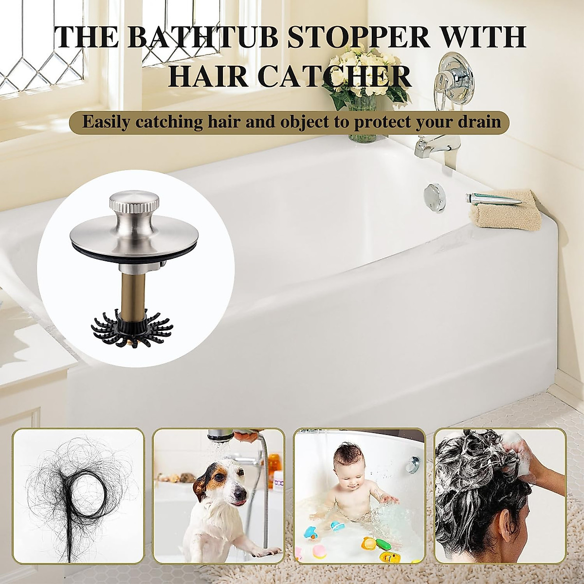 UNI-DRAIN Bathtub Drain Plug with Hair Catcher 1-1/4" NPSM Bathtub Drain Stopper Fine Thread(Nickel Brushed)