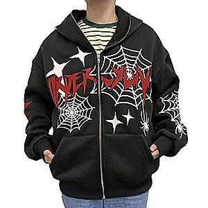 Megecaggfy Womens Men Y2k Full Zip Up Hoodie Vintage Graphic Oversized Sweatshirt Fashion Jacket Streetwear (Black 2, M)