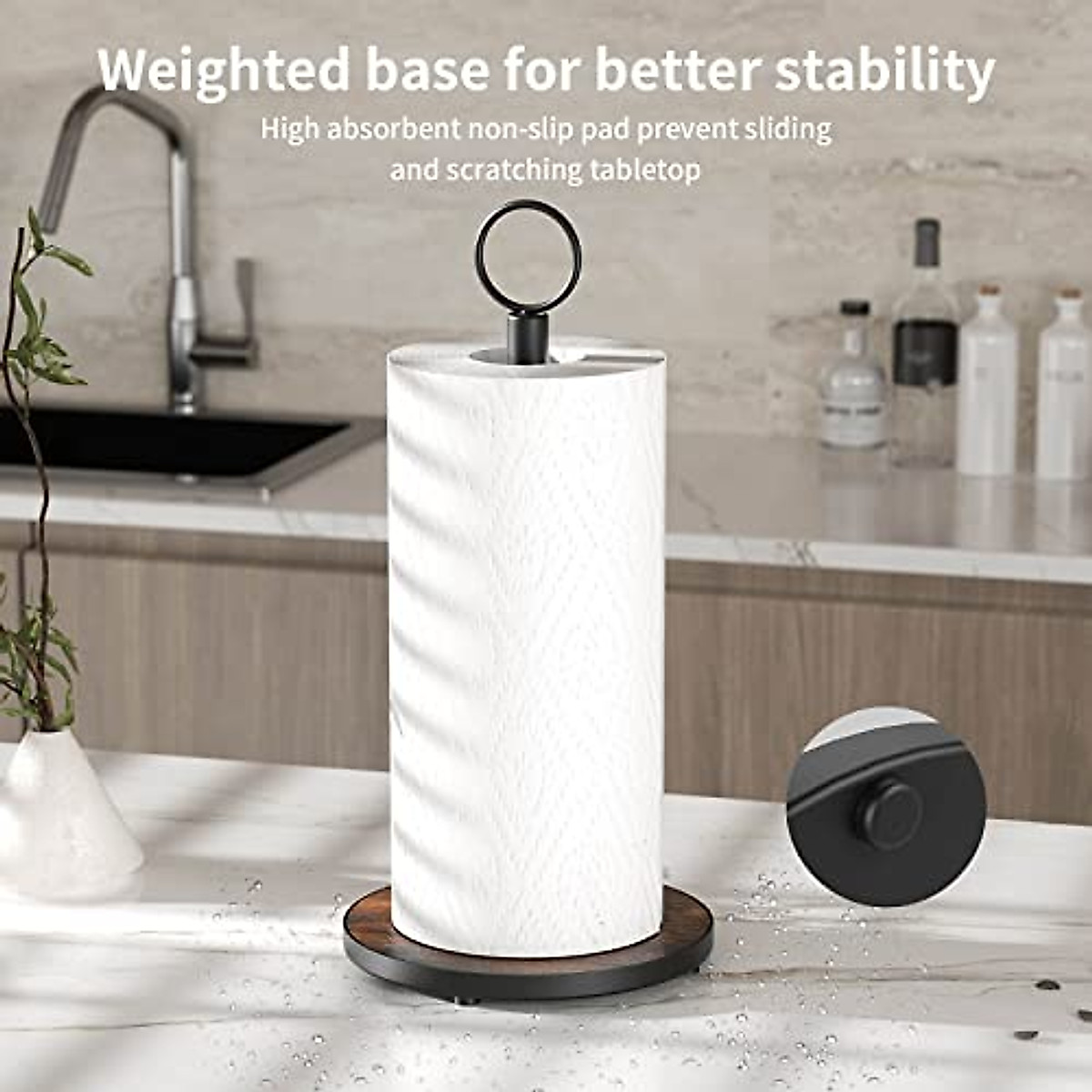 OROPY Paper Towel Holder Countertop with Heavy Duty Wood Base, Farmhouse Paper Towel Roll Stand for Kitchen Counter fits Standard and Jumbo Size Paper Towels (Brown)