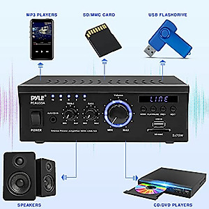 Pyle Home Home Audio Power Amplifier System - 2x75W Dual Channel Theater Power Stereo Receiver Box, Surround Sound w/ USB, RCA, AUX, LED, Remote, 12V Adapter - For Speaker, iPhone - Pyle PCAU35A