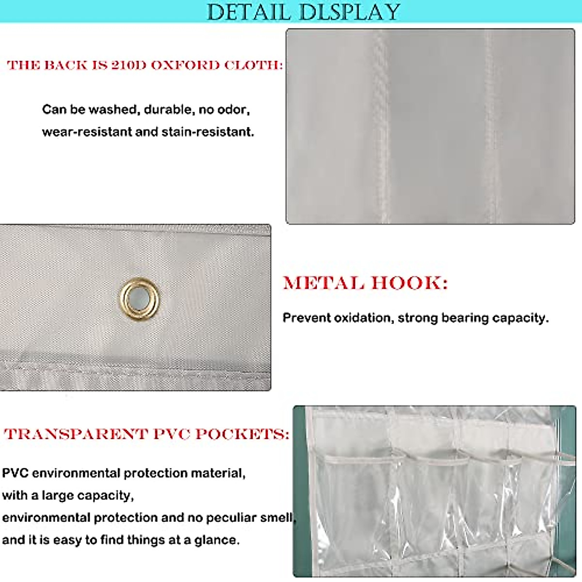 Over The Door Hanging Shoe Organizer with 24 Large Crystal Clear PVC Pockets Hanging Shoe Organizer and 3 Metal Hooks for Storage Men's Sneakers, Bathroom Toiletries, Slippers and Kids Toys (Grey)