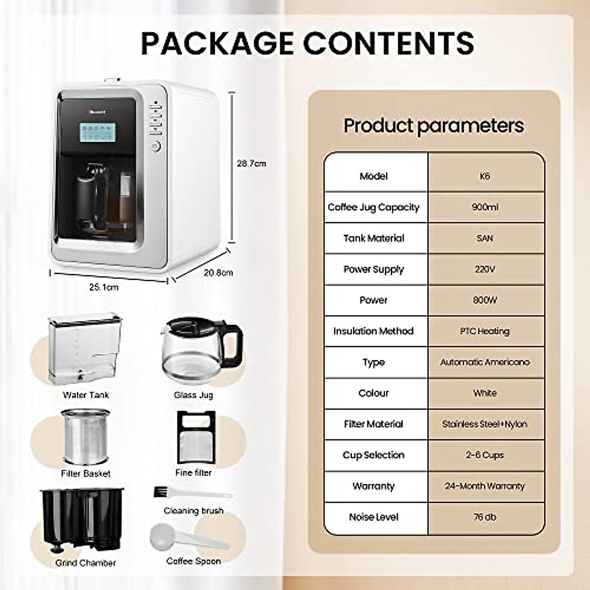 HAUSWIRT Coffee Maker with Grinder, Grind and Brew Coffee Maker with LCD Display, Automatic Drip Coffee Machine with Grind Size and 2 to 6-Cup Settings, Compatible for Bean Ground Coffee and Tea