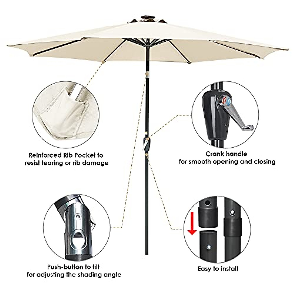 Yescom 10ft Solar LED Lighted Patio Umbrella with Tilt and Crank 8 Ribs Outdoor Market Umbrella for Table Garden Canvas Natural White