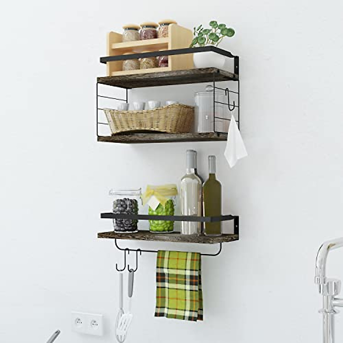 JOVONE Bathroom Shelves with Tissue Rack &Towel Bar, Wall Mounted Floating Shelves, Multifunctional Storage Rack for Bathroom, Kitchen, Bedroom and Living Room, Set of 2 (Carbonized Dark Black)