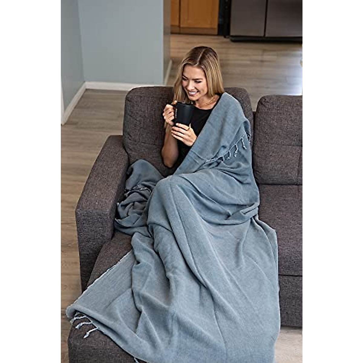 Stonewashed Turkish Throw Blanket in Denim Grey Blue, Soft, Cozy and Lightweight, Perfect for Use as a Love Seat or Sofa Throw, Partical Bed Cover, Beach Blanket or Yoga Blanket
