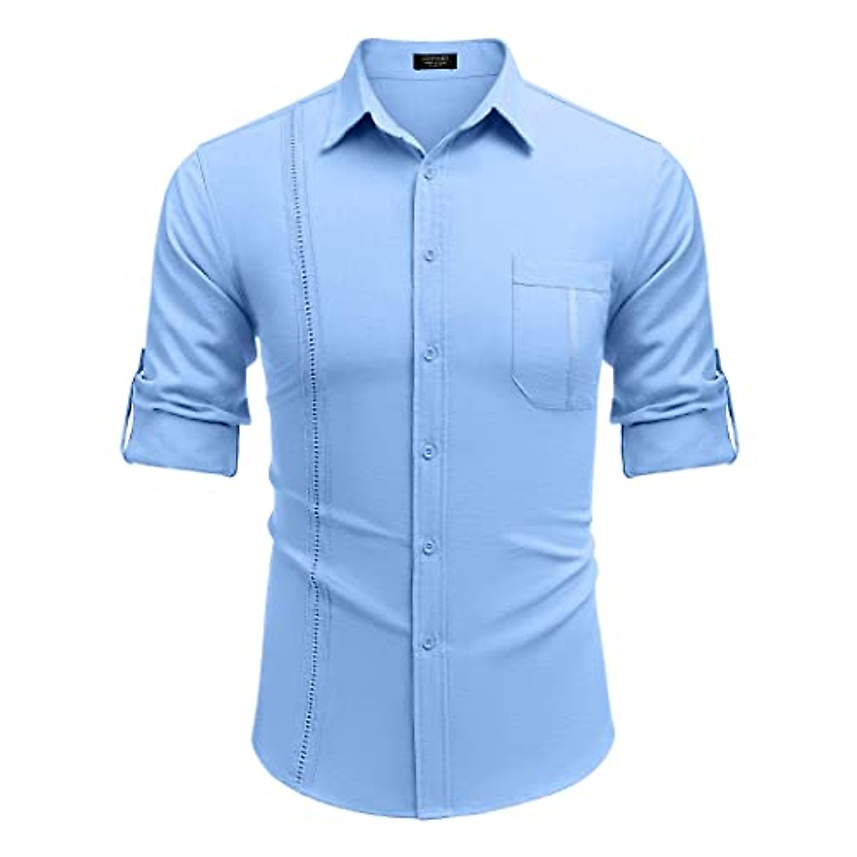 COOFANDY Mens Shirts Long Sleeve Cuban Camp Guayabera Shirt Linen Beach Button Down Shirts Light Blue