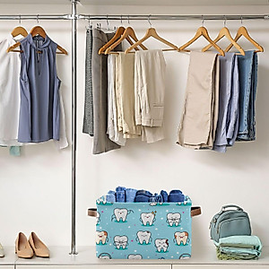 Blue Teeth Storage Basket Collapsible Storage Bins Cubes Fabric Clothes Hamper Box Toy Chest Gift Baskets for Shelves Home Nursery Shoes Office with Leather Handles