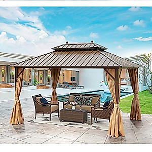 MELLCOM 10' X 13' Hardtop Gazebo, Galvanized Steel Vertical Stripe Double Roof Outdoor Gazebo, Aluminum Frame Metal Gazebo with Netting and Curtains for Patios, Gardens, Lawns