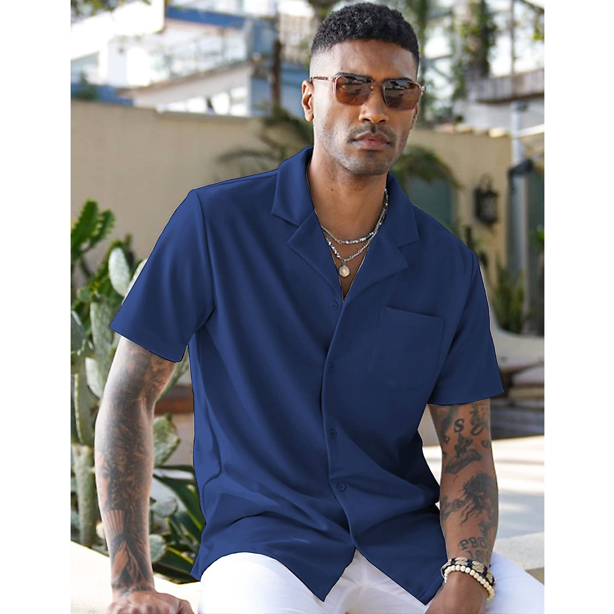 COOFANDY Men's Wrinkle Free Button Down Shirt Short Sleeve Business Casual Untucked Shirts Lightweight Stretch Shirt Navy Blue