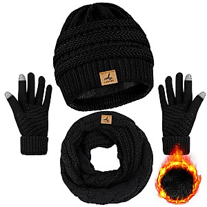 Winter Beanie Hat Scarf Gloves, Warm Fleece Knit Winter Hats Touch Screen Gloves Neck Scarf Set Winter Gifts for Unisex Adult Black