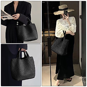 Woven bag for women,Fashion woven tote bag for women,Large vegan soft leather beach travel bag & purse,handmade shoulder bag (Black)