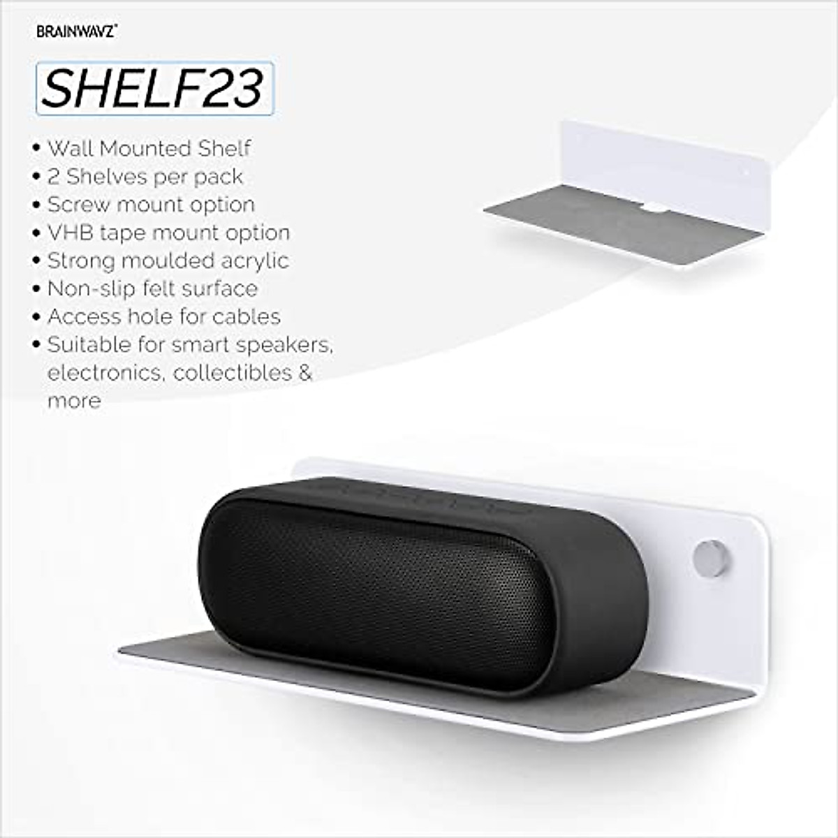 BRAINWAVZ 2-Pack 9” Floating Shelf Bluetooth Speaker Stand, Adhesive & Screw Wall Mount, Anti Slip, for Cameras, Baby Monitors, Webcam, Router, Wide Universal Holder Shelves (SHELF23 White)