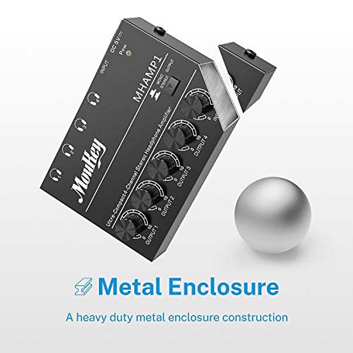 Moukey Headphone Amp Amplifier 4 Channels Metal Stereo Audio Amplifier,Mini Headphone amplifier portable - 4x Quarter Inch Balanced TRS Headphone Output and TRS Audio Input, DC5V Power Supply-MHAMP1