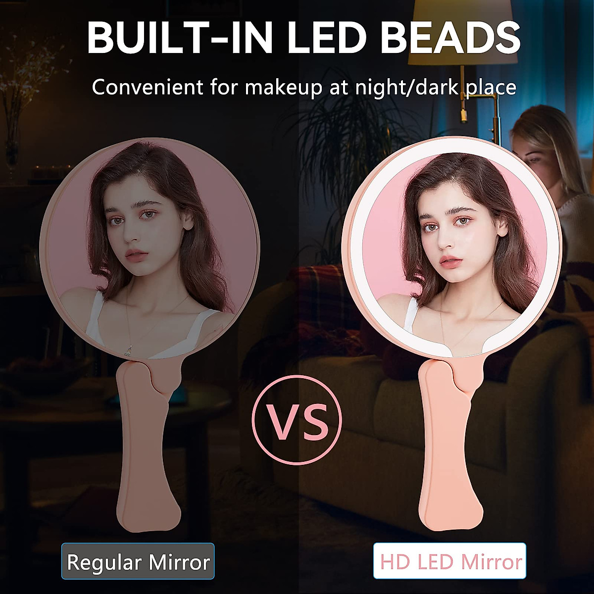 Hand Mirror with Light, Rechargeable Lighted Travel Makeup Mirror, Round Portable Small Handheld Mirror with Folding Handle, Lightweight (Pink)