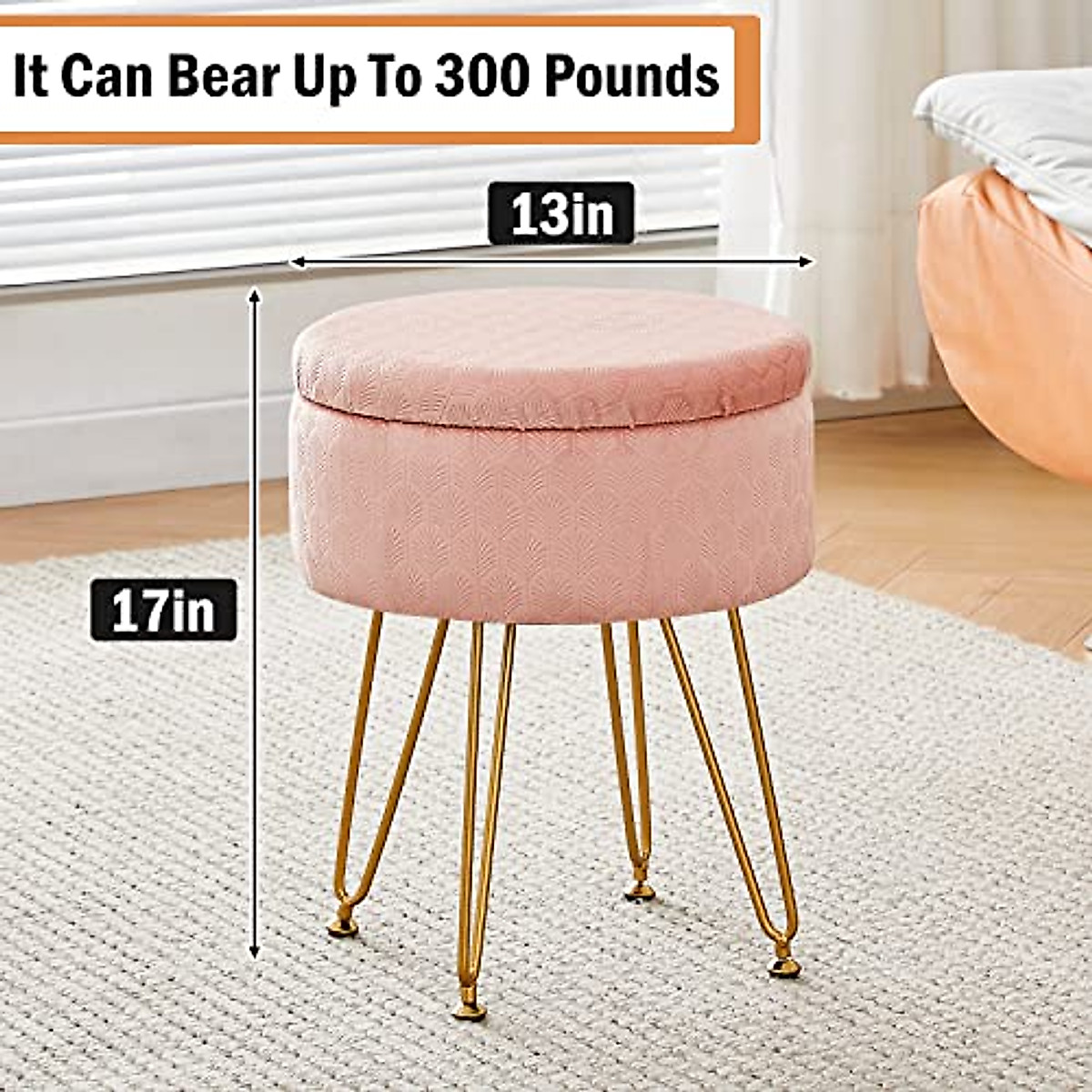 Cpintltr Foot Stool Velvet Storage Ottoman with Removable Lid Round Sofa Stools Foot Rest with Padded Seat Modern Style Makeup Stool Decorative Furniture Suitable for Lounge Dorm Room Blush