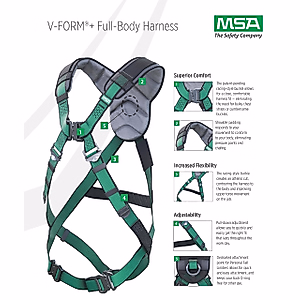 MSA 10205845 V-Form+ Full Body Safety Harness - Size: Standard (Medium), D-Ring Configuration: Back, Tongue Buckle Leg Straps, With Shoulder Padding, Full Body Harness