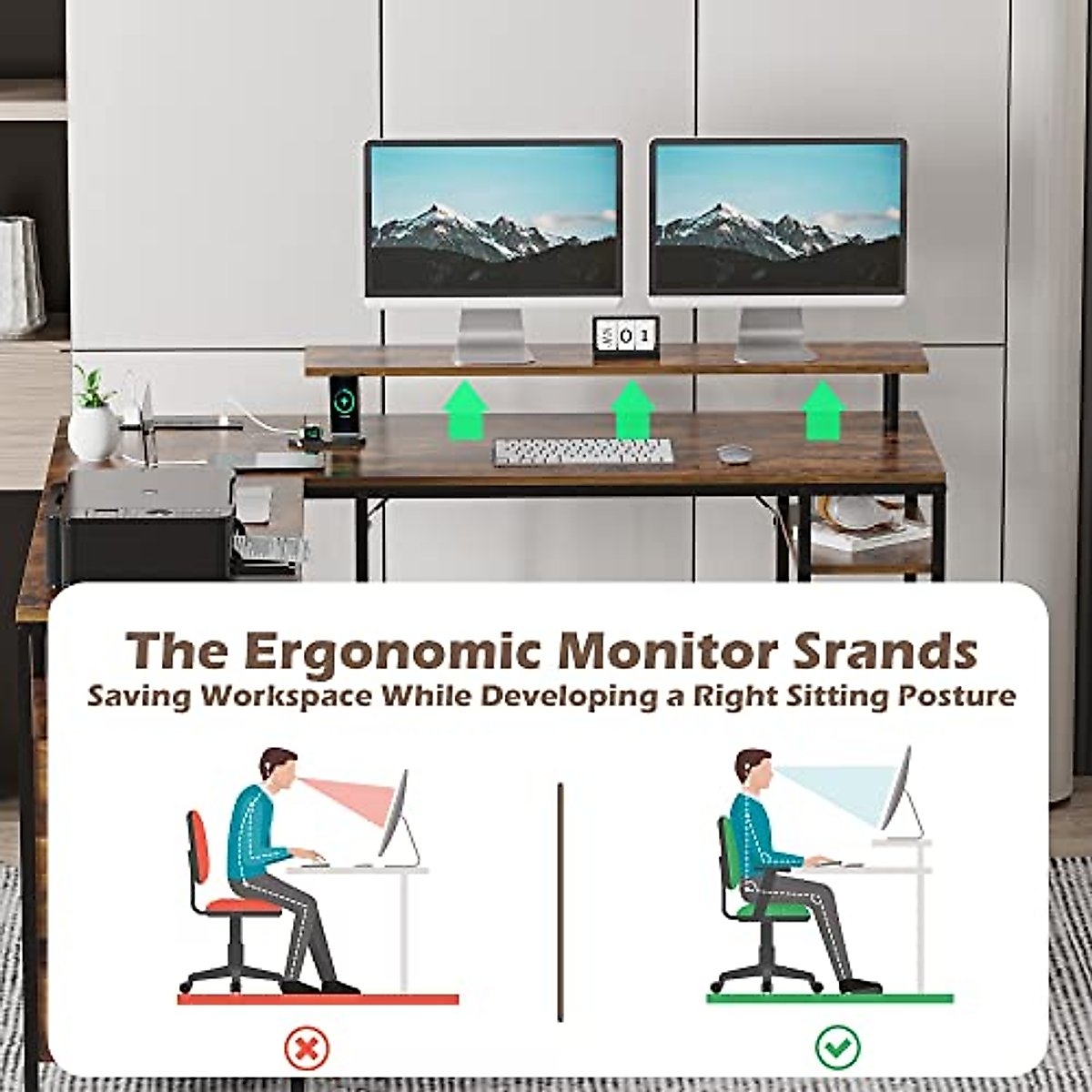 SUPERJARE Reversible Computer Desk with Power Outlets & File Cabinet, L Shaped Desk with Monitor Stand & Storage Shelves, Corner Desk Home Office Desk, Rustic Brown