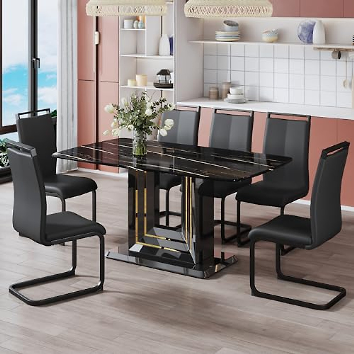 WOXYX Minimalist and Luxurious Dining Table with Black Imitation Marble Pattern Desktop. MDF tablelegs with Gold Lines and Base