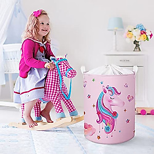 Clastyle 45L Pink Unicorn Kids Laundry Hamper Adorable Collapsible Laundry Basket with Drawstring Waterproof Toys Storage Basket with Handle, 14 * 17.7 in