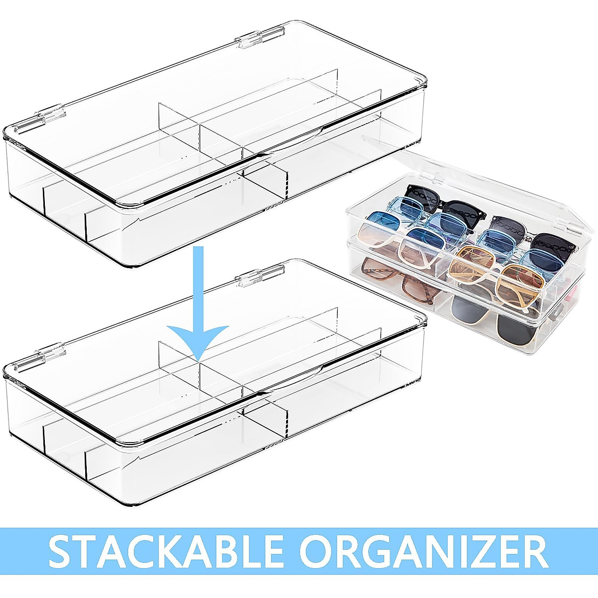 Yiktop Acrylic Eyeglass Organizer, Stackable Sunglasses Case Storage Organizer with Lid - 2 Pack