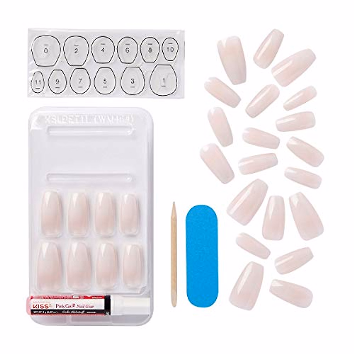 KISS Classy French Nail Manicure Kit with Gel Finish, Long, Coffin Shaped, Includes Mini Nail File, Manicure Stick, 28 Fake Nails & Pink Glue (Net Wt. 2 g), Be-You-Tiful', 28 Count