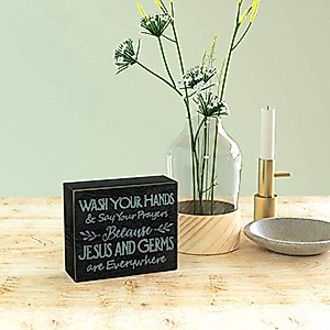 J JACKCUBE DESIGN Farmhouse Vintage Decorative Wood Bathroom Signs Decor, Classic Rustic Wooden Box Stand Up Wall Home Decor, Your Prayers and Wash Your Hands, Blue, White Letters- MK684A