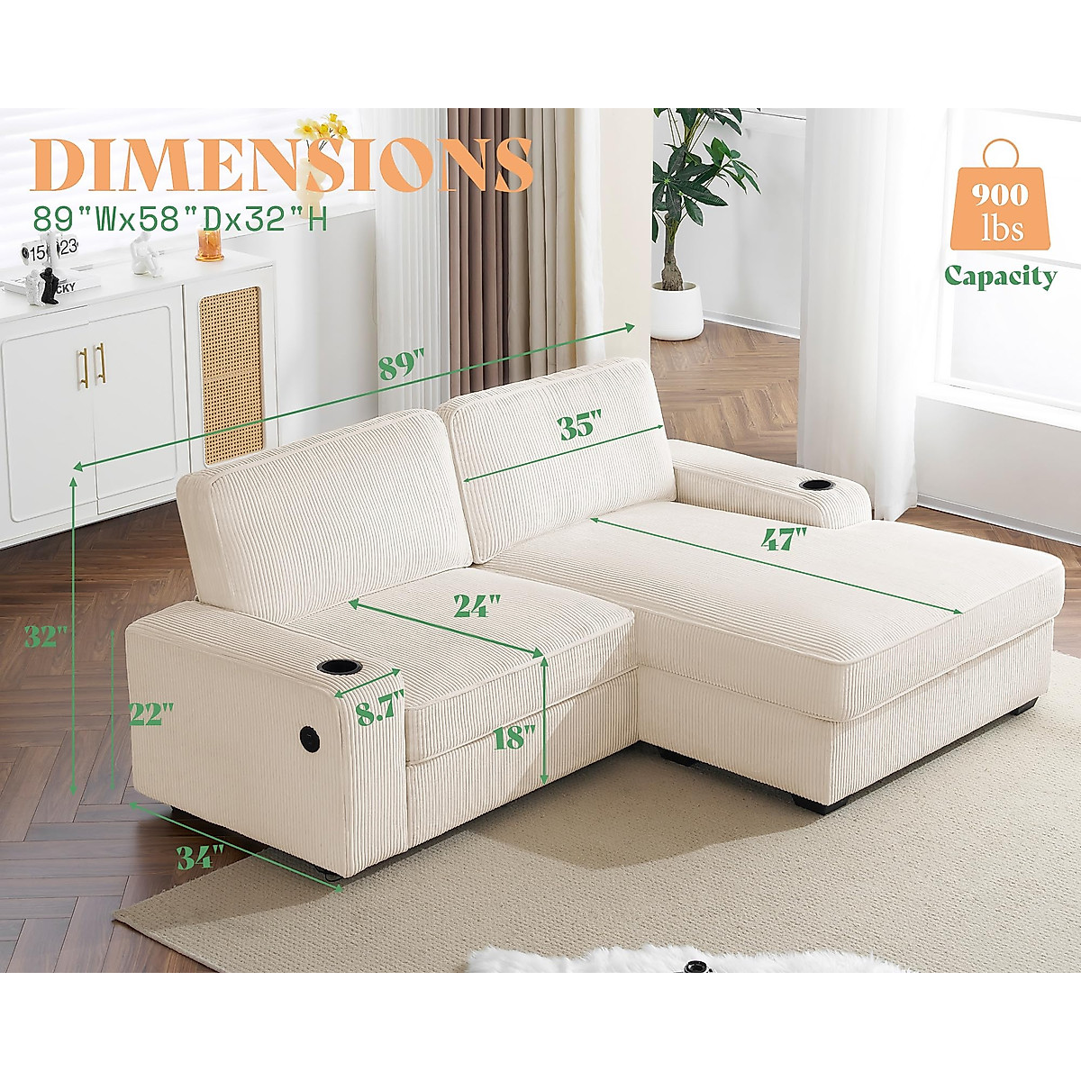 VanAcc 89 Inch Convertible Couch, L Shape Couch with USB Charging Port & Cup Holders- L Shape Sofa with Storage Chaise, Comfy Sofa for Living Room (Beige Corduroy)