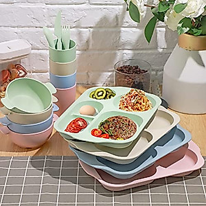 24 Pcs Wheat Straw Dinnerware Cutlery Set Including Kids Toddlers Divided Plates Microwave Dishwasher Safe Bowl Unbreakable Tableware Straw Cutlery Spoon Knife Fork Cup (Beige/Pink/Green/Blue)