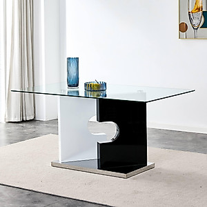 63 inch Glass Dining Table for 6 or 4, Modern Dining Room Table with Tempered Glass Tabletop and Double Pedestal Base, Large Rectangular Kitchen Table for Dining Room Banquet (Black&White)