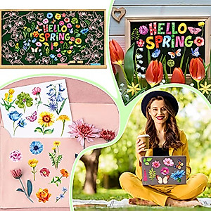 72 Pcs Cute Cutouts Hello Spring Cut Outs with 96 Pcs Glue Points Spring Bulletin Board Set Floral Plants Spring Cutouts Spring Decorations for Classroom School Game Party Bulletin Board Supplies
