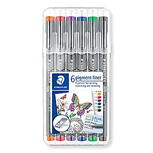STAEDTLER 30803-SSB6 Pigment Liner Pens - Assorted Colours, 0.3 mm (Set of 6)