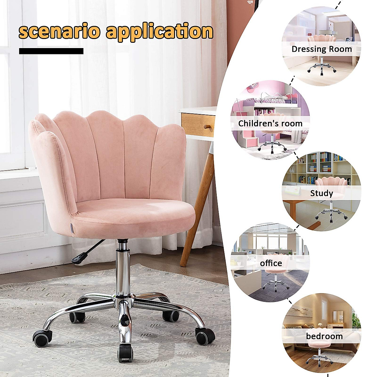 Goujxcy Cute Pink Desk Chair, Modern Velvet Vanity Makeup Chair, 360° Swivel Height Adjustable Comfy Accent Chair Rolling Chair for Home Office Bedroom Living Room (Pink)