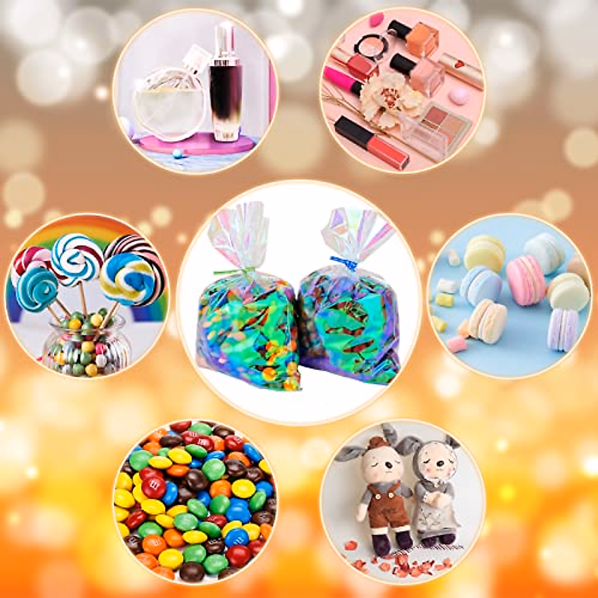 120pcs Cellophane Treat Bags, Iridescent Holographic Cellophane Bags 6x9 inch, Qpout Iridescent Holographic Cellophane Goodie Candy Cookie Bags, Iridescent Holographic Cellophane Party Favor Treat Bag