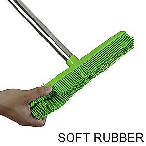 Long Handled Carpet Rubber Broom Soft Bristles and Squeegee Edge Sweeper Push Broom Indoor, Green
