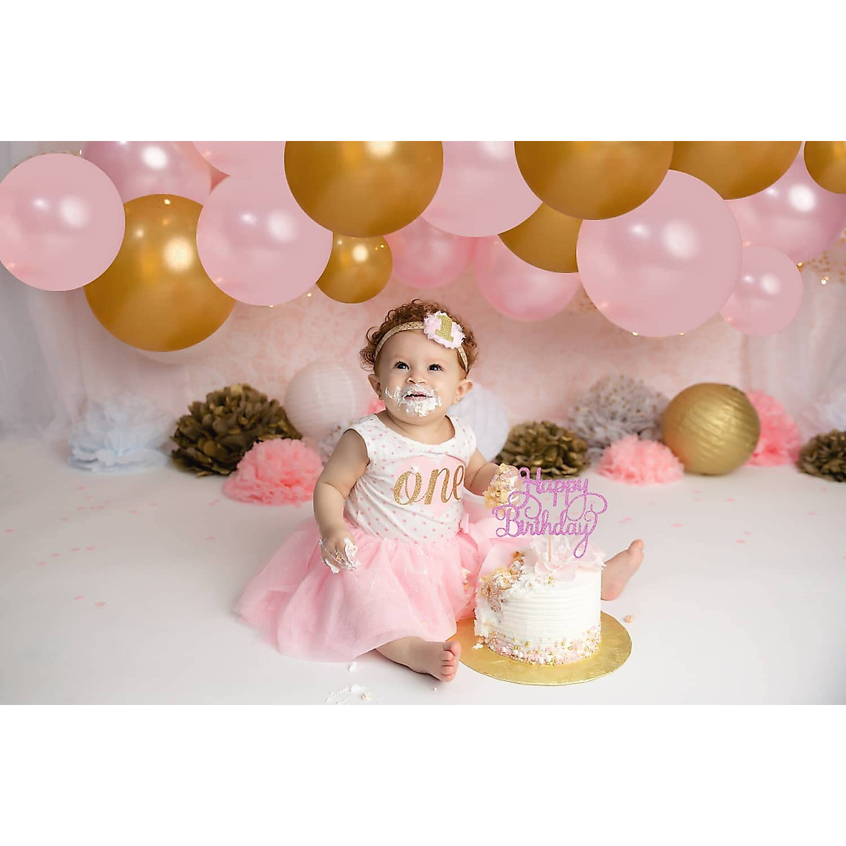 AHAORAY Happy Birthday Cake Topper - Pink Glitter Happy Birthday Cake Bunting Decor - Birthday Party Cake Decoration Supplies, for Photo Booth Props