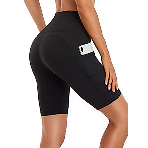 Oalka Women's Yoga Short Side Pockets High Waist Workout Running Shorts Black L