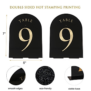 UNIQOOO Black Arch Wedding Table Numbers with Stands 1-15, Gold Foil Printed 5x7 Double Sided Acrylic Signs and Holders, Perfect for Centerpiece, Reception, Decoration, Party, Anniversary, Event