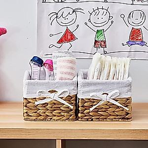 EZOWare Set of 4 Small Natural Woven Water Hyacinth Wicker Storage Nest Baskets Organizer Container Bin with Liner for Organizing Kids Baby Cloth, Room Decor, Toy, Gift Basket Empty - Brown (7x7x5.5")