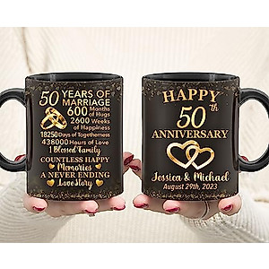 50 Years of Marriage Gift Personalized Coffee Mug Happy 50th Anniversary Travel Cups Wedding Celebration for Couple Husband Wife Mom Dad Birthday Valentines Floral Ceramic Drinking Tea Cup 15oz 11oz